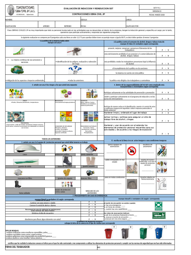 Anexo 9.1 Evaluacion de Induccion y Reinduccion SST-F-9.1 | PDF