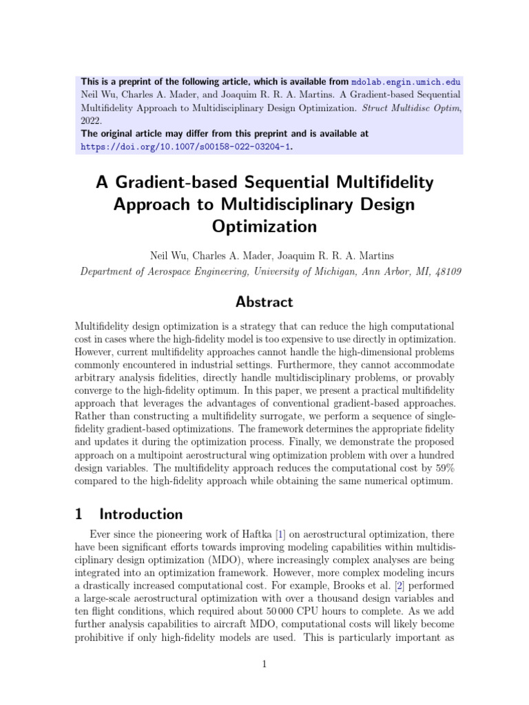 A Gradient-Based Sequential Multifidelity Approach To Multidisciplinary Design Optimization ...