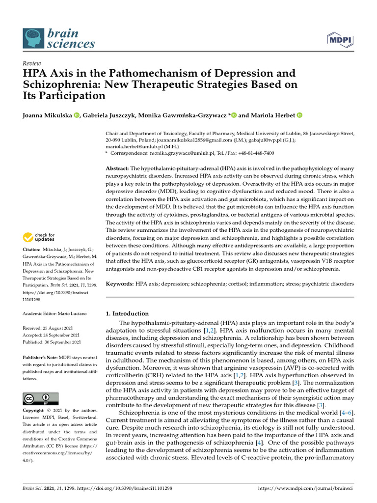 2021 HPA Axis in The Pathomechanism of Depression and Schizophrenia ...