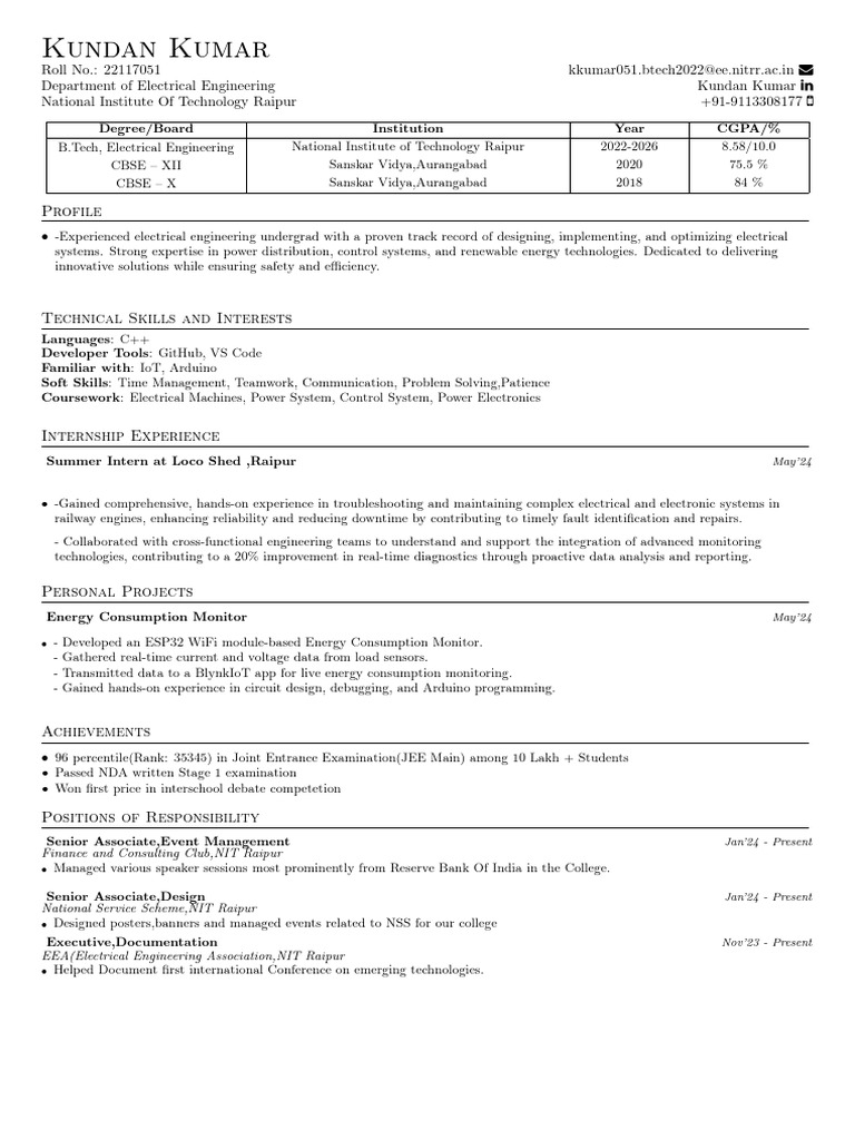 Kundan Resume | PDF | Electrical Engineering | Engineering