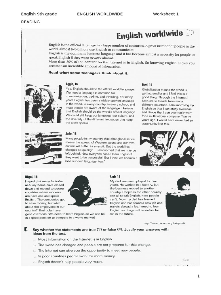 English Worldwide - Worksheet 1 | PDF | English Language | Syntax