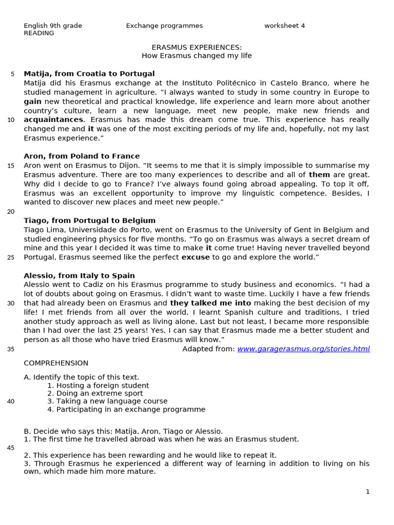 Exchange Programme - Worksheet 4 | PDF