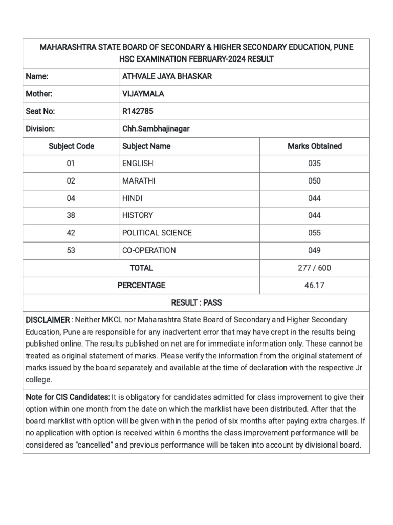 Jaya HSC Result | PDF