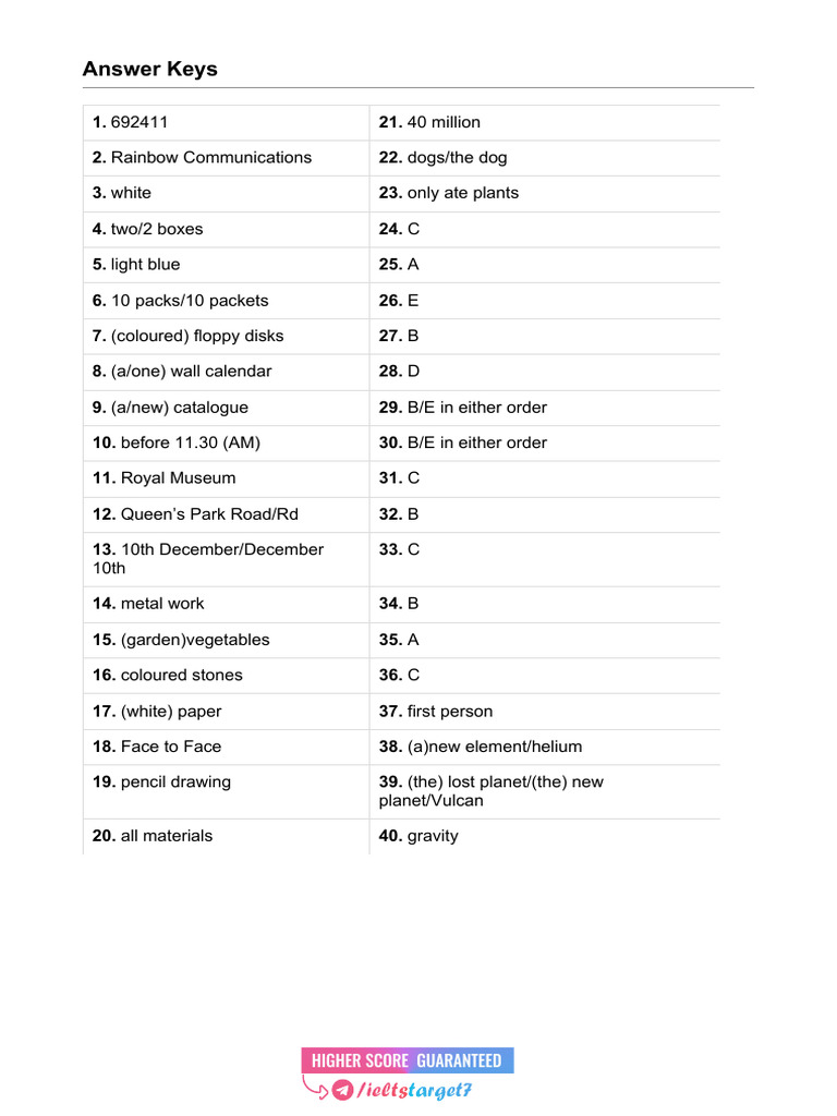 (Mock 3) Listening Answer Keys @ieltstarget7 | PDF | Mercury (Planet) | Bears