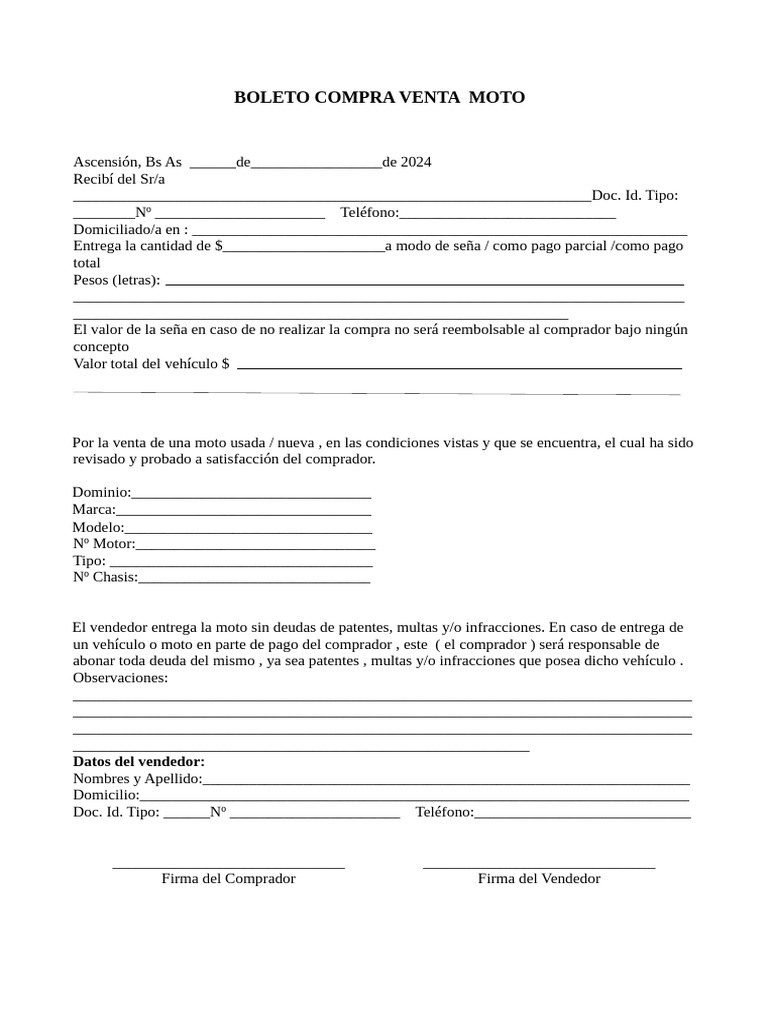Boleto de Compra Venta Moto | PDF