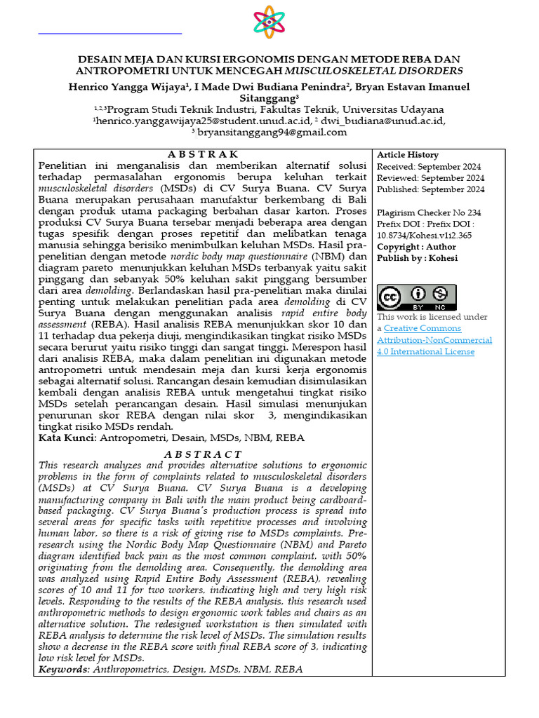 Desain Meja Dan Kursi Ergonomis Dengan Metode Reba Dan Antropometri ...