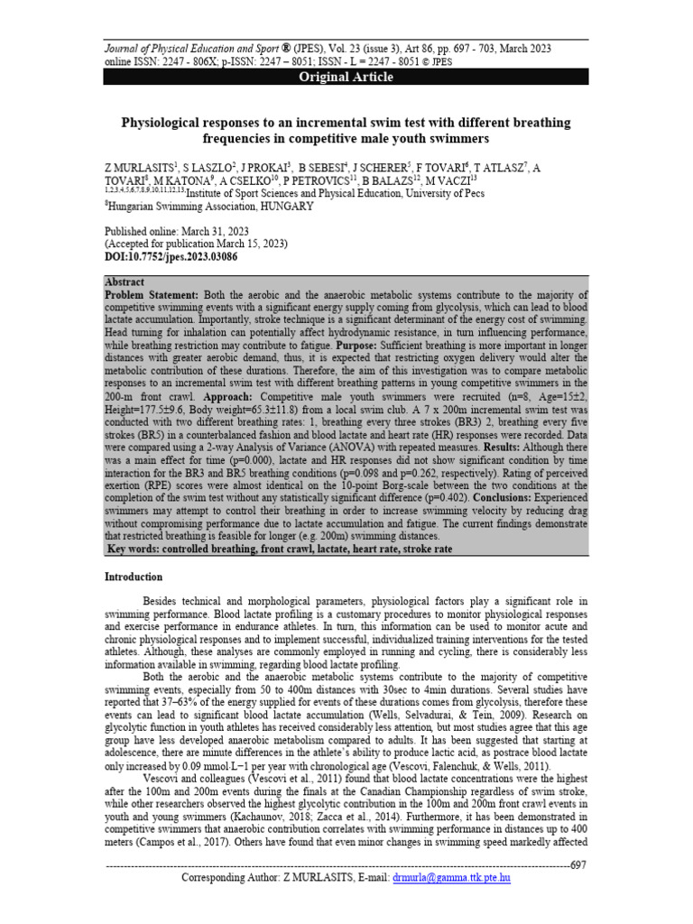 Physiological Responses To An Incremental Swim Test With Different ...