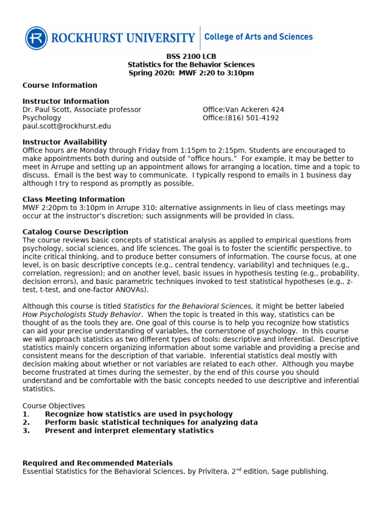 BSS 2100 LCB Syllabus Spring 2020 | PDF | Statistics | Psychology