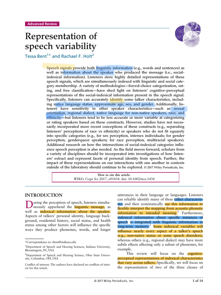 01-Bent - Holt - 2017 - Representation of Speech Variability | PDF ...