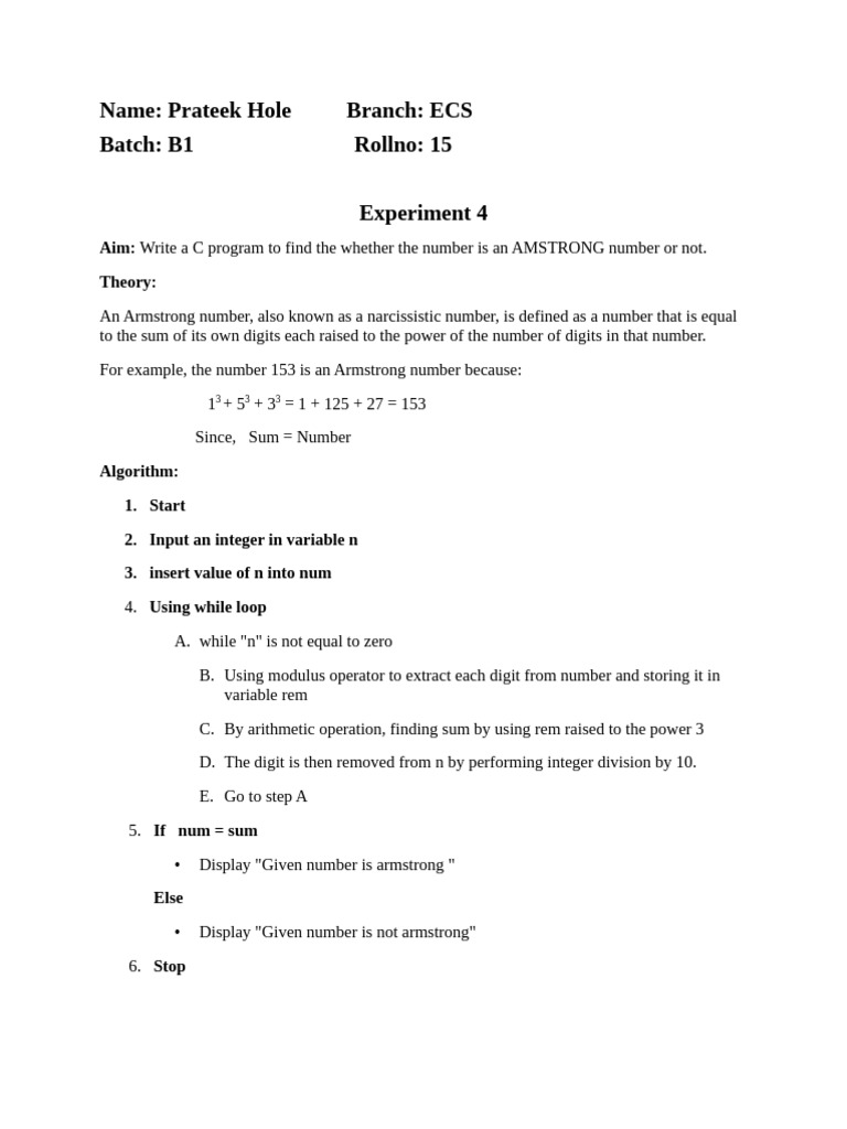 Exp 4 Armstrong number | PDF