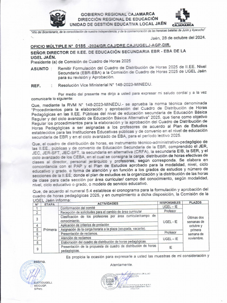 Oficio Múltiple 185-2024 Formul - Cuadro - Horas 2025 | PDF