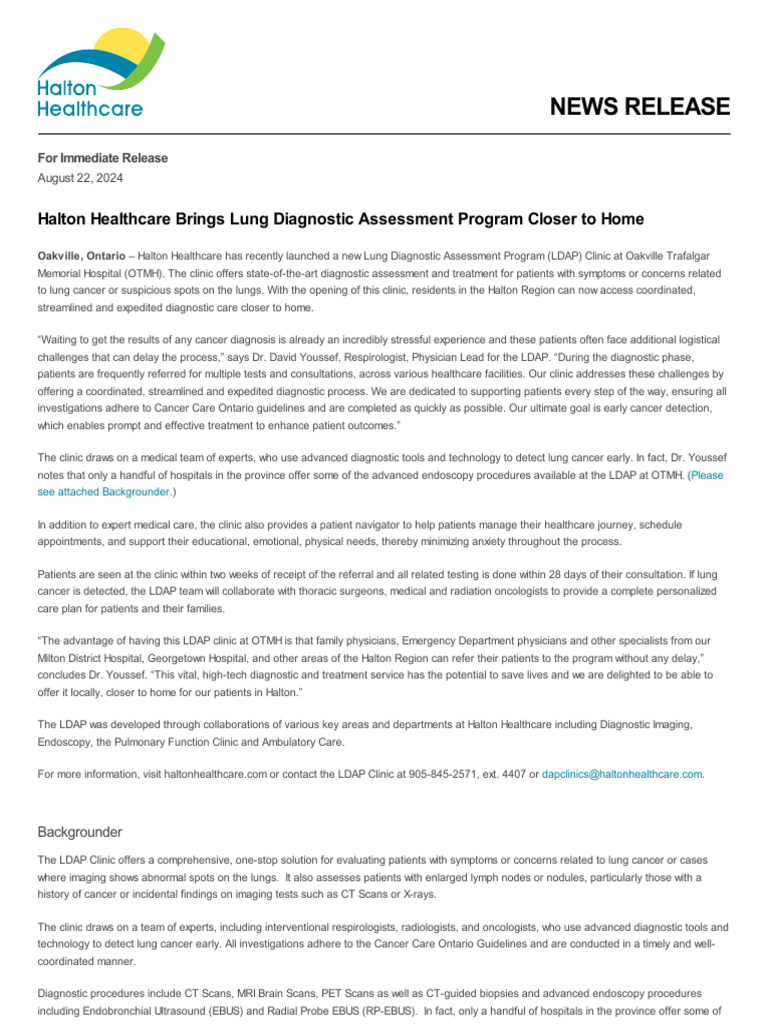 Halton Healthcare Brings Lung Diagnostic Assessment Program Closer To Home | PDF | Medical ...