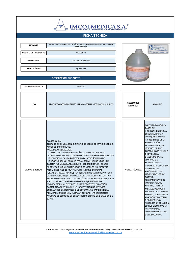 CLORURO DE BENZALCONIO SOLUCION AL 1% Debe Contar Con Registro ...