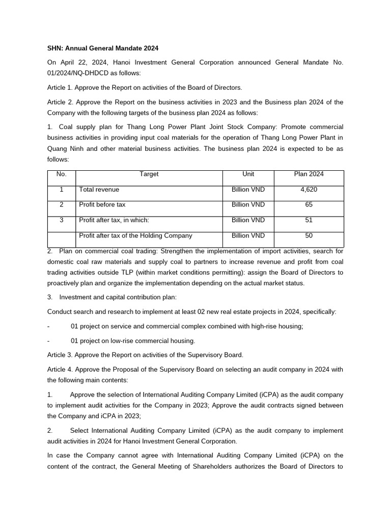 SHN Annual General Mandate 2024 Summary | PDF | Board Of Directors | Taxes