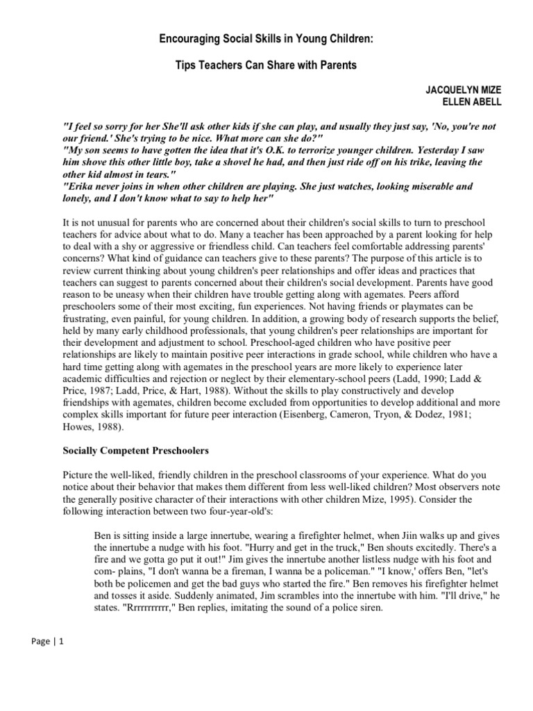 Encouraging Social Skills in Young Children | PDF | Friendship ...