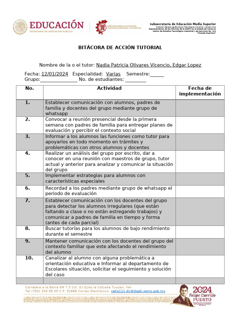 BITÁCORA DE ACCIÓN TUTORIAL - 2024 Edgar Paty | PDF | Informática