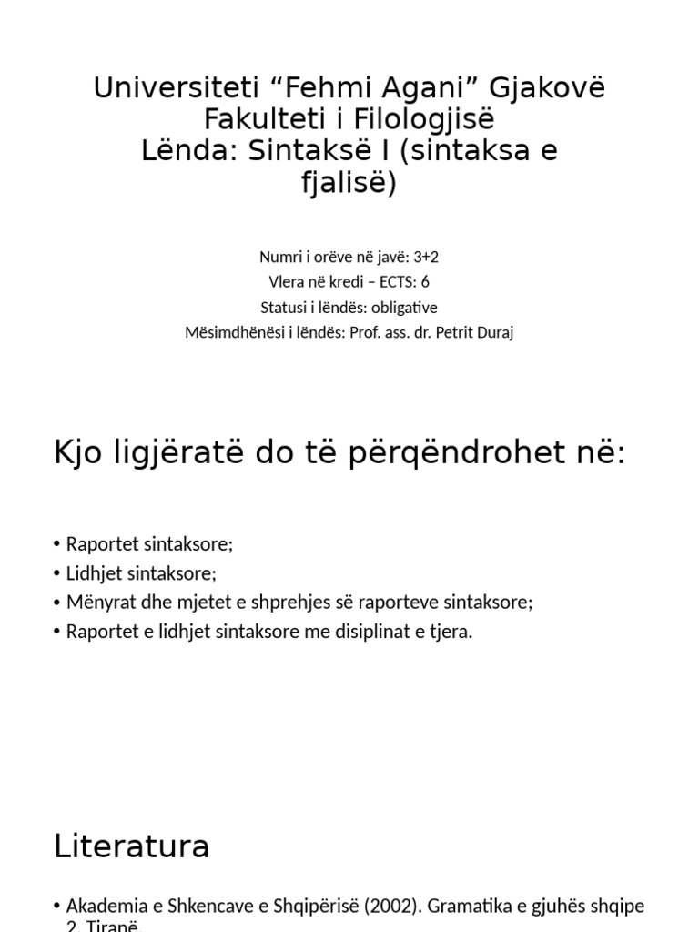 Universiteti "Fehmi Agani" Gjakovë Fakulteti I Filologjisë Lënda ...