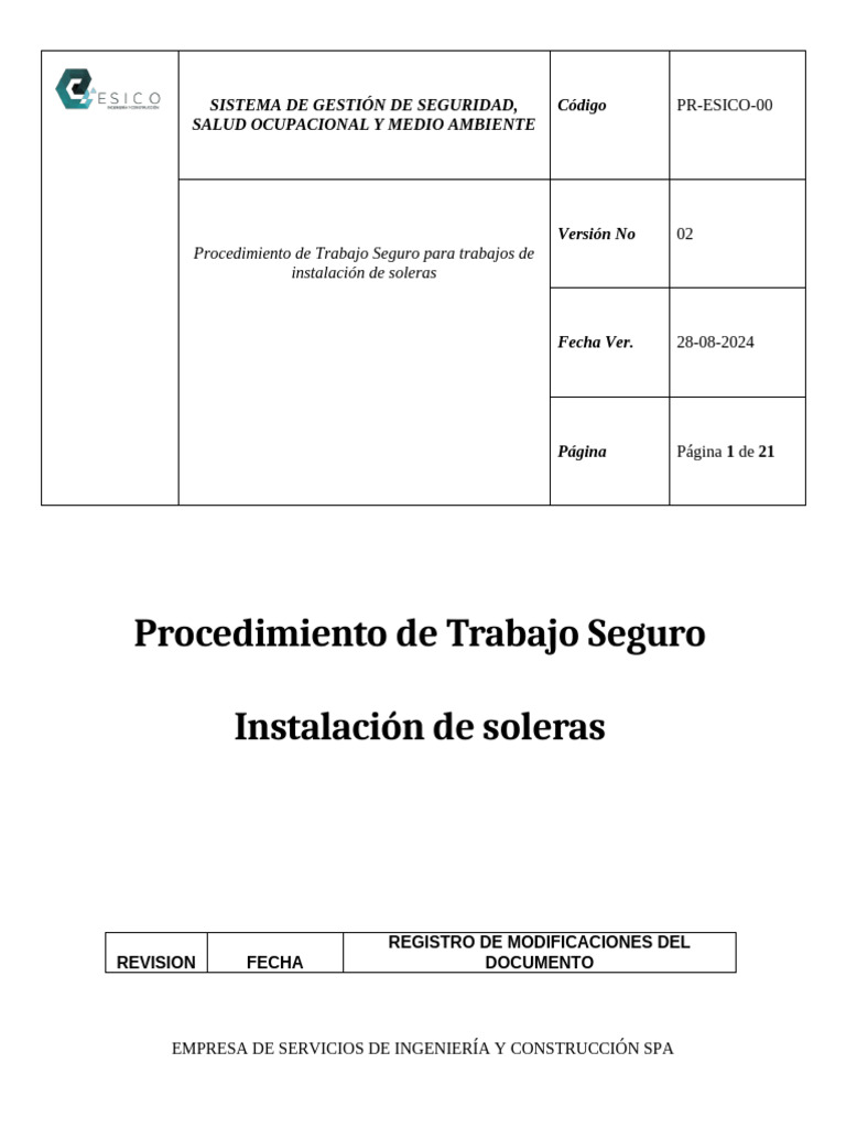Procedimiento de Trabajo Seguro Instalacion de Soleras | PDF | Seguridad y salud ocupacional ...