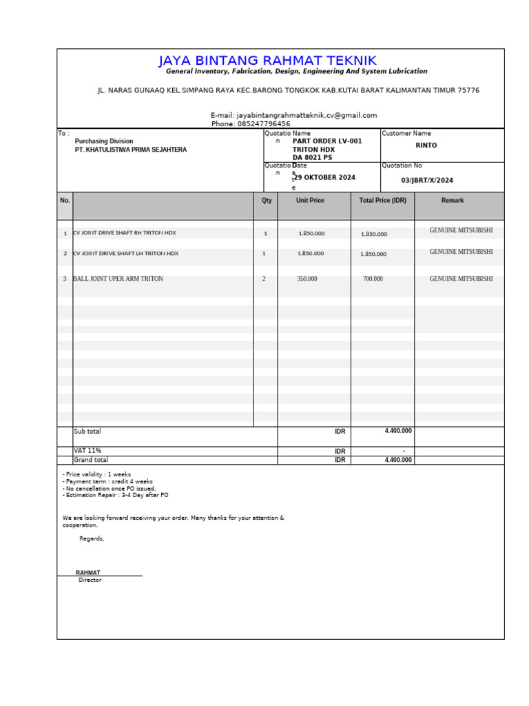 Quotation LV001 TRITON | PDF | Mechanical Engineering | Machines