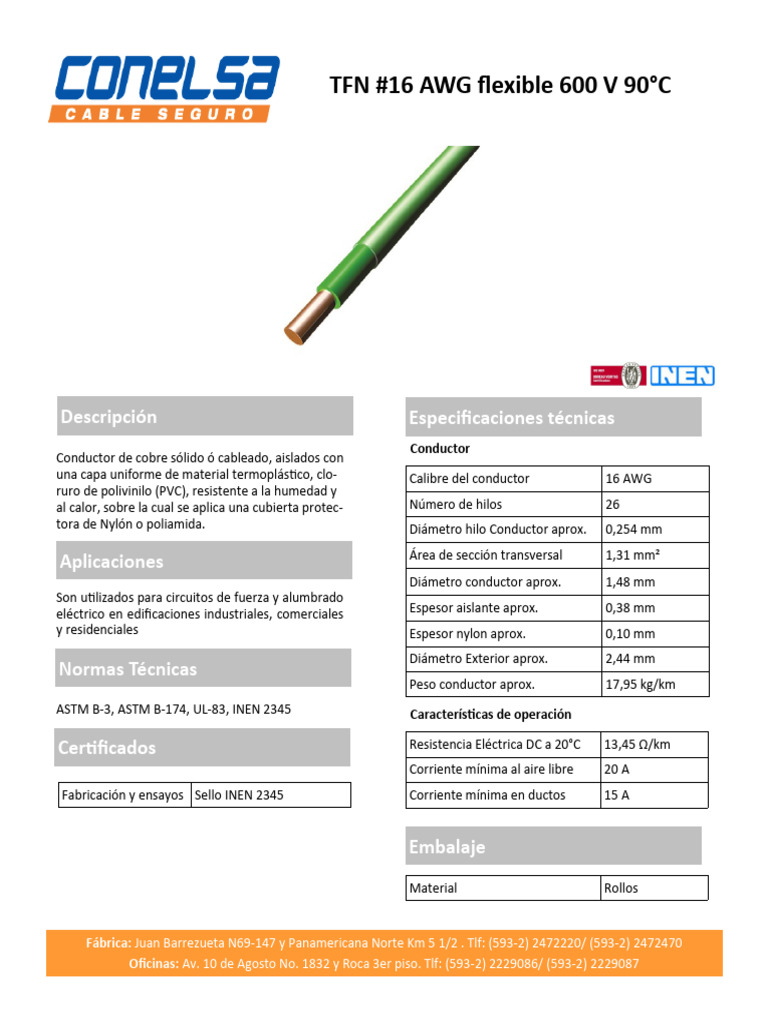 Cable TFN 16 AWG 600V para Electricidad | PDF | Tecnología