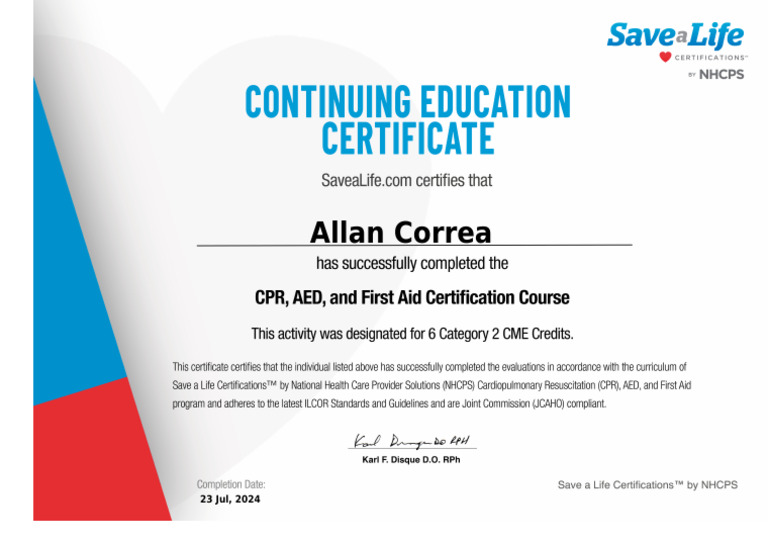 CPR Aed First Aid Certification Course Cert | PDF