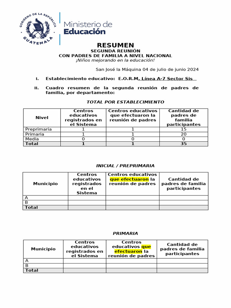 Formato de Resumen Segunda Reunión de Padres EORM Línea A 3 | PDF
