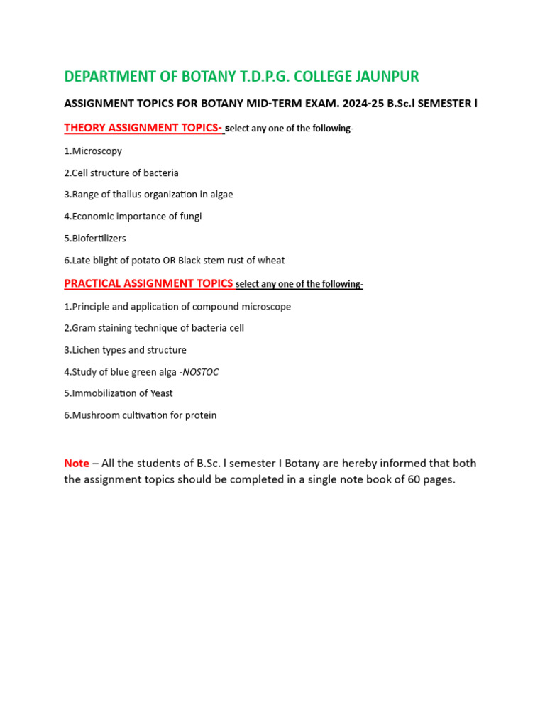 Botany Mid-Term Assignment Topics | PDF