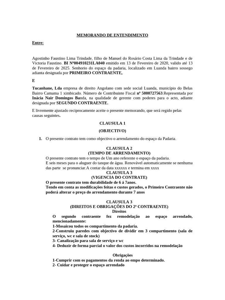 Memorando de Entendimento SR - Agostinho Faustino Lima Trindade | PDF ...