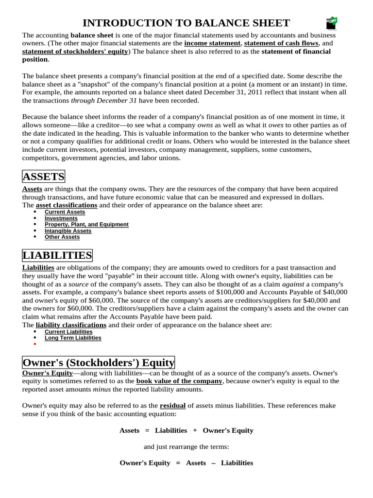 INTRO TO BALANCE SHEET | PDF | Balance Sheet | Equity (Finance)