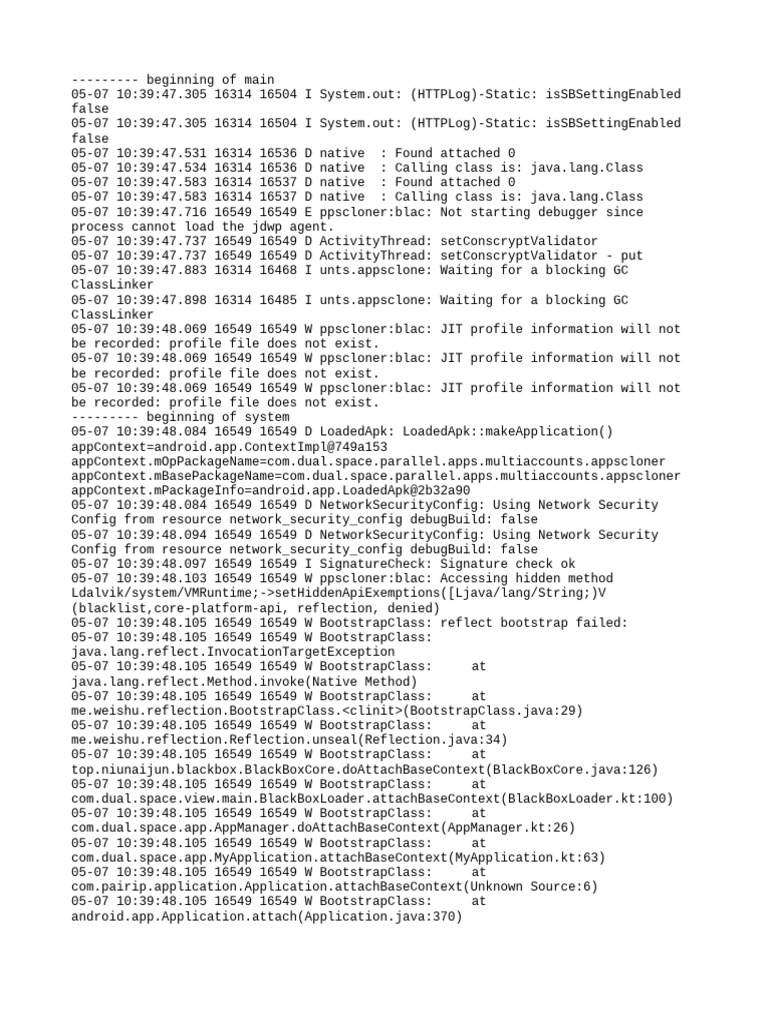 Com - Dual.space - Parallel.apps - Multiaccounts.appscloner Logcat | PDF | Java (Programming ...
