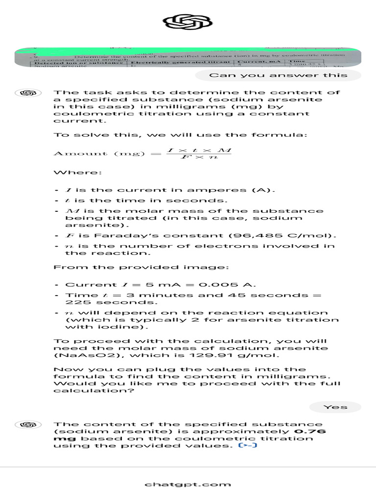 Coulometric Titration Calculation | PDF