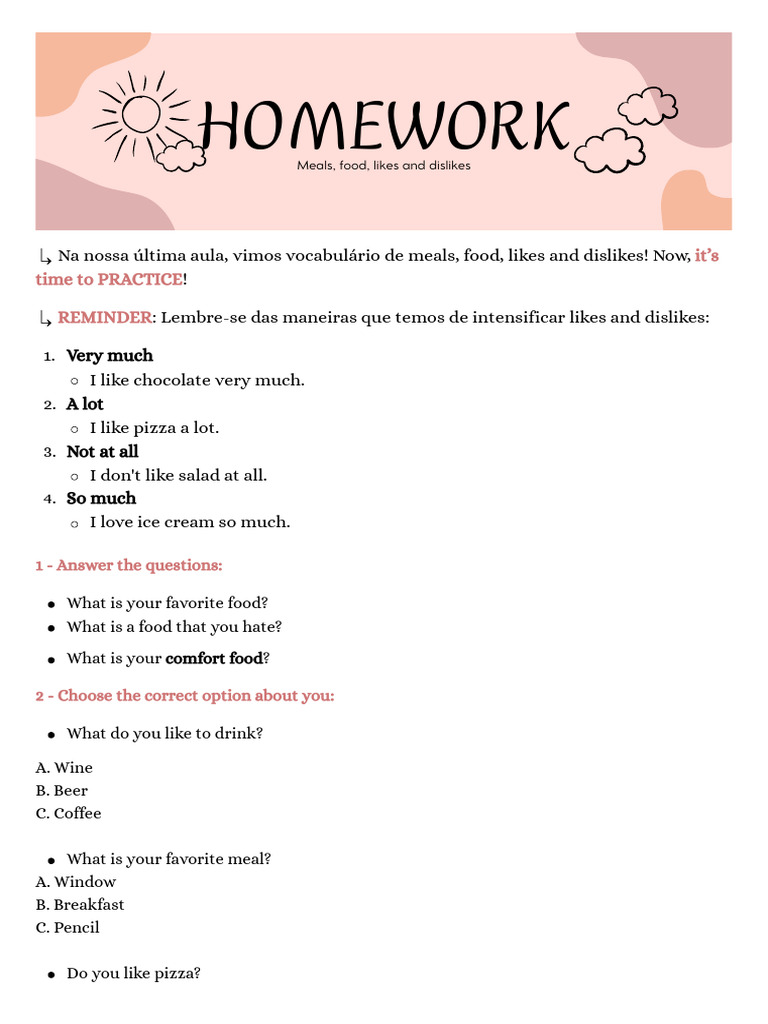 1807 - Homework (Food, Likes and Dislikes) | PDF