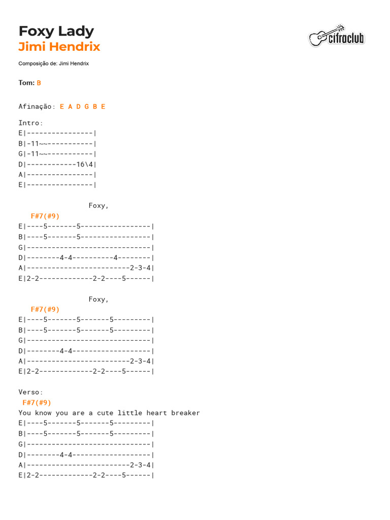 Cifra Club - Jimi Hendrix - Foxy Lady | PDF | American Songs | Singles ...