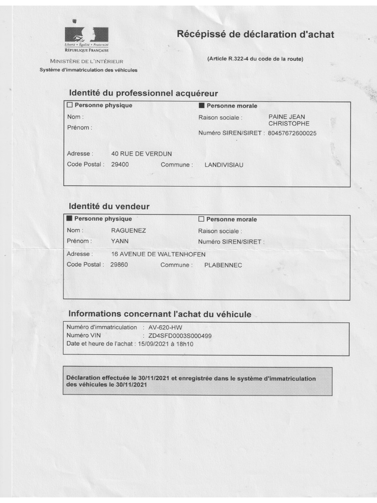 Récépissé de DA Aprilia Rs 125 AV 620 HW - Jpeg | PDF