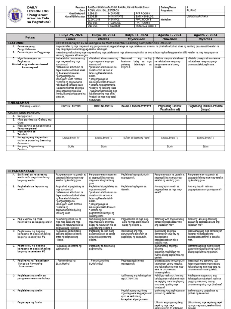 Daily Lesson Log (Pang-Araw-Araw Na Tala Sa Pagtuturo) : Lunes Martes ...