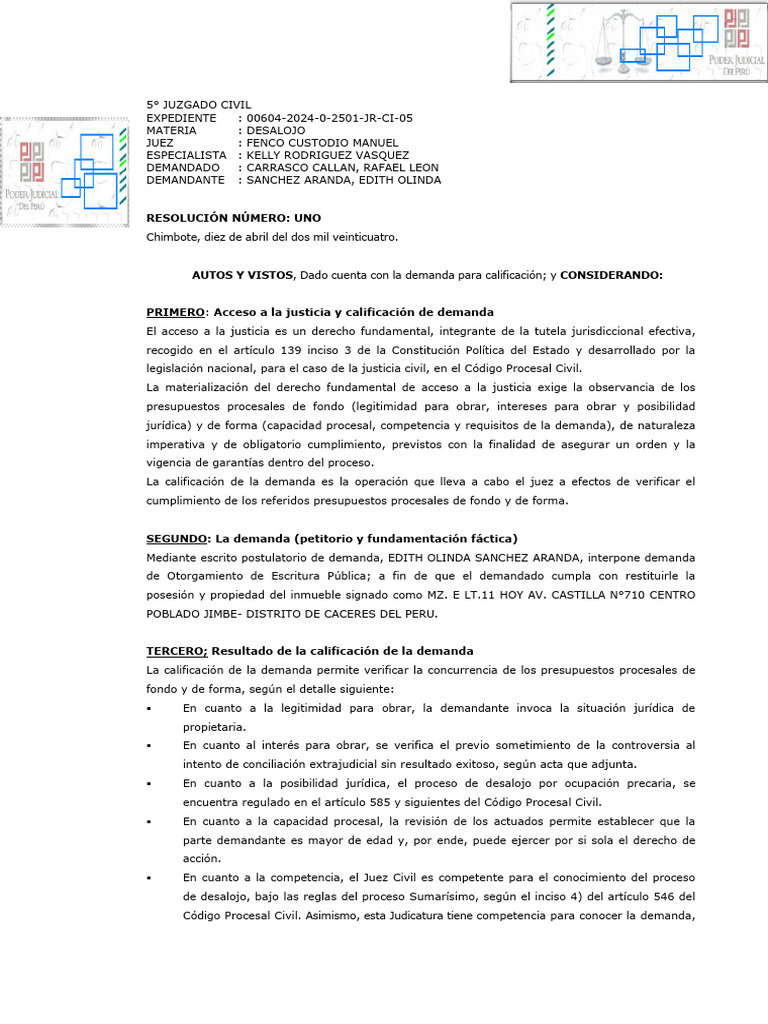 Desalojo: Caso Edith Sánchez Aranda | PDF | Ley procesal | Demanda judicial