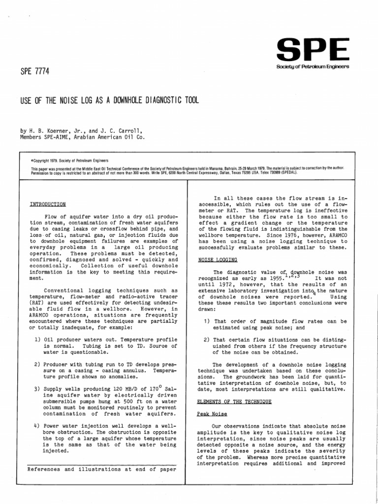 SPE 7774 - Use of The Noise Log As Downhole Diagnostic Tool | PDF | Casing (Borehole) | Water