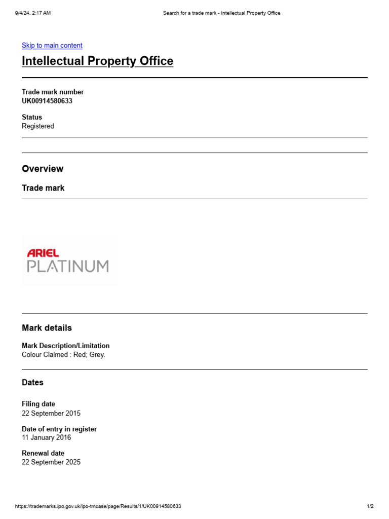 Search For A Trade Mark - Intellectual Property Office | PDF