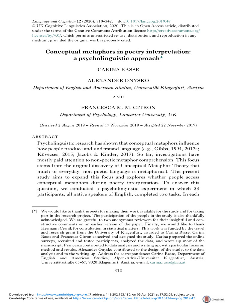 Conceptual Metaphors in Poetry Interpretation a Psycholinguistic (1) | PDF | Metaphor | Poetry