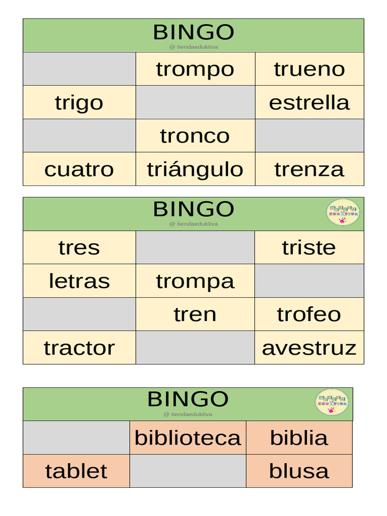 Bingo de Palabras con Grupos Consonánticos | PDF