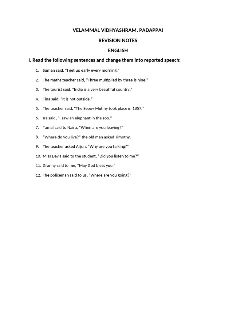 Reported Speech WS | PDF