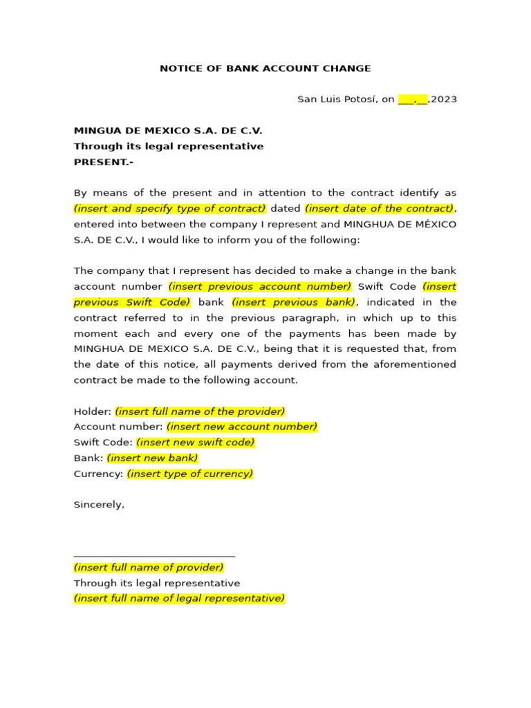 英文notice of Bank Account Change | PDF | Social Science | Law