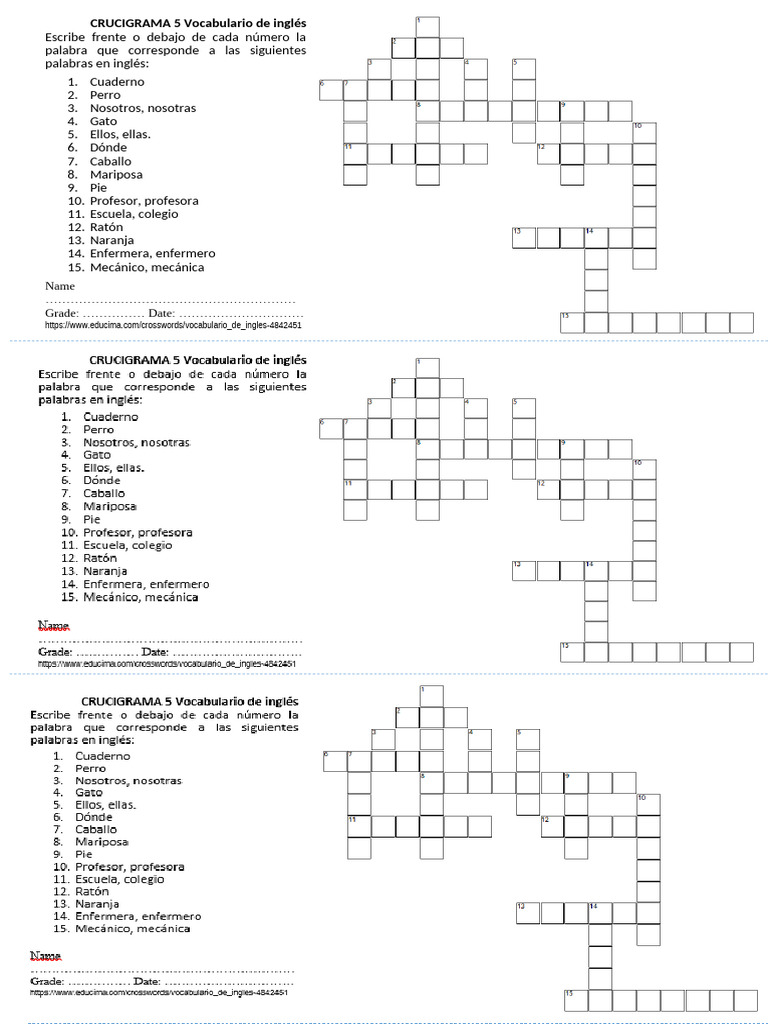 CRUCIGRAMA 5 Vocabulario de Inglés | PDF