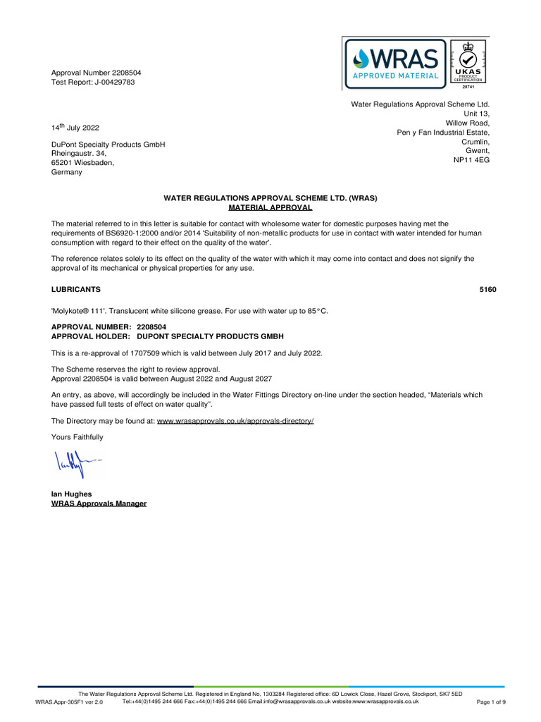 MOLYKOTE® 111 Water Regulations Advisory Scheme WRAS Certification ...