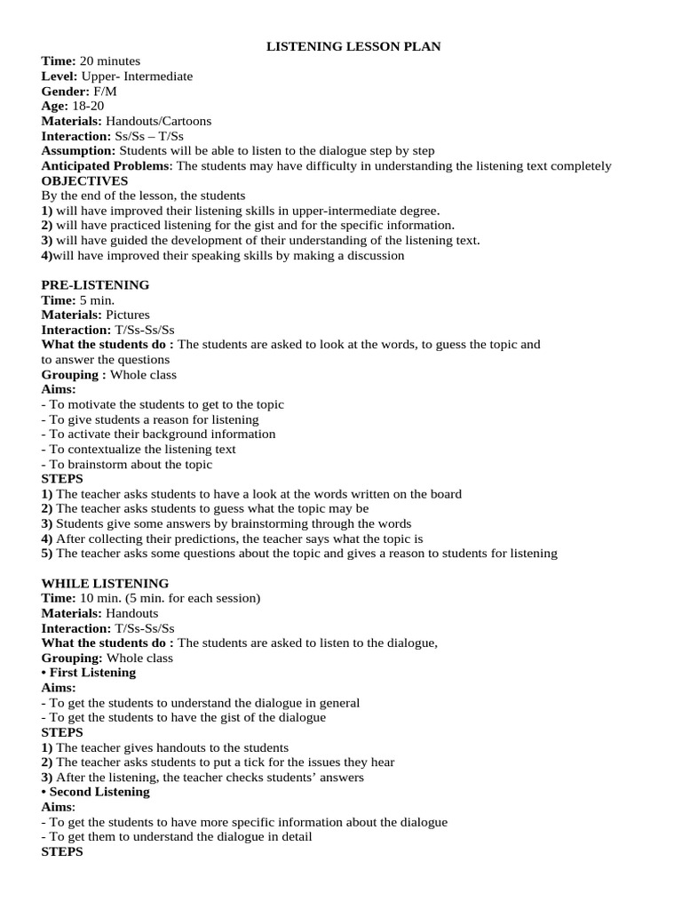 28.listening Lesson Plan | PDF | Lesson Plan | Behavior Modification