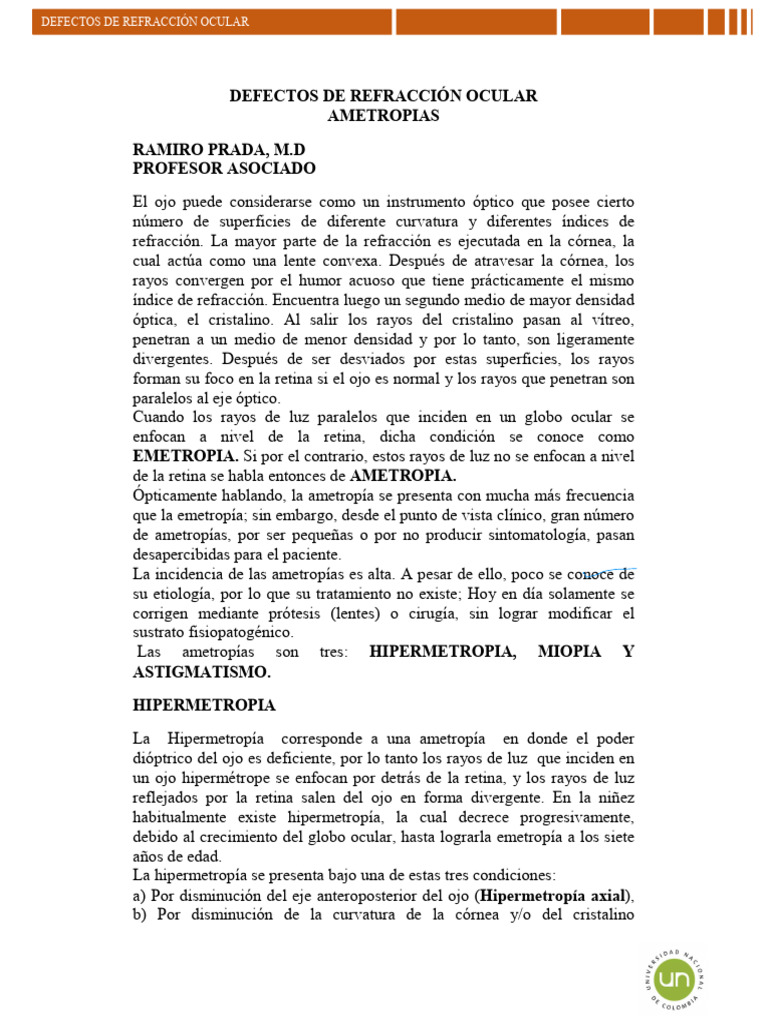 Defectos de Refracción Ocular: Ametropías | PDF | Ojo humano | Lentes