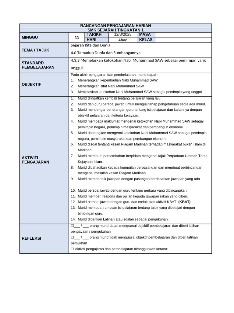 RPH Ringkas Minggu 33 SMK Sejarah Tingkatan 1 by Cikgu Gorgeous | PDF