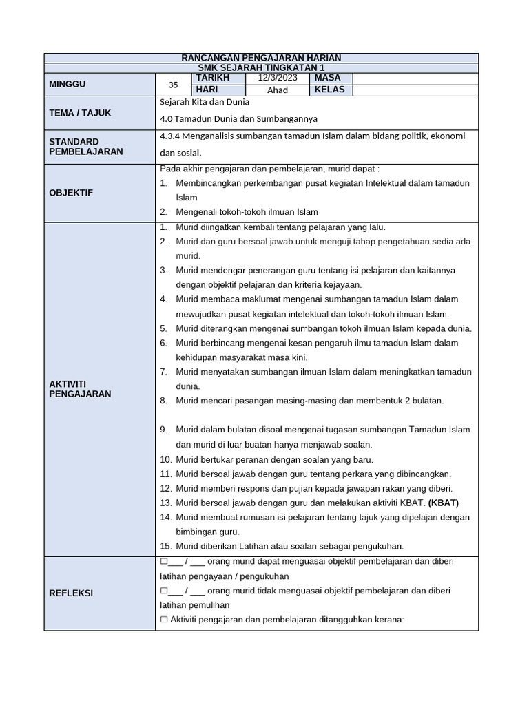 RPH Ringkas Minggu 35 SMK Sejarah Tingkatan 1 by Cikgu Gorgeous | PDF