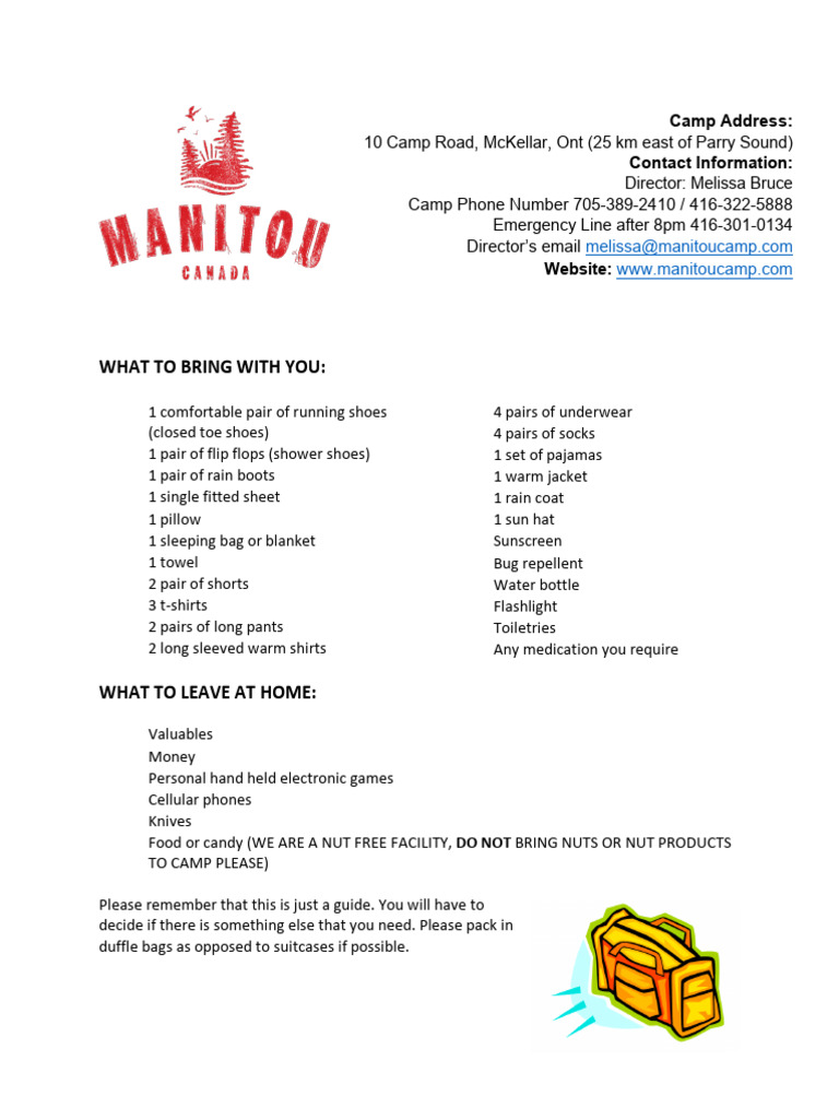 Manitou Camp Packing List Guide Pdf