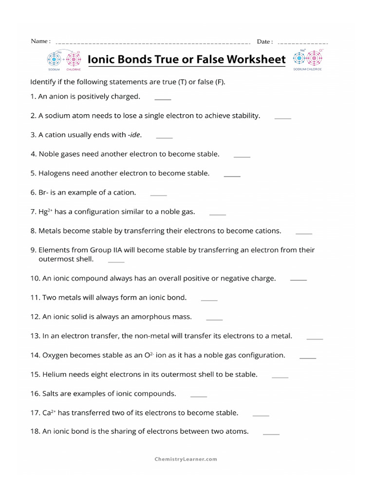 Chemistry Formation of Ionic Bonding Worksheet | PDF